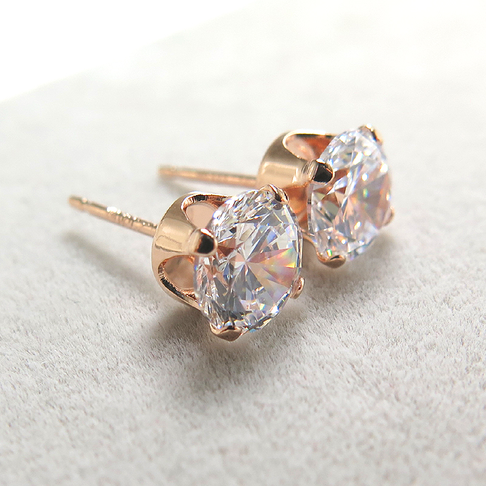 ローズゴールドフィルド14kgf/6mmラウンド4本爪・スタッドピアス（立て爪ピアス）・czキュービックジルコニア（1ペア）