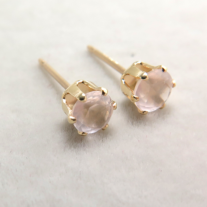 14kgf/4mmラウンド6本爪・スタッドピアス（立て爪ピアス）・天然石（ローズクオーツ＜10月誕生石＞）「ゴールドフィルド」（25ペア）