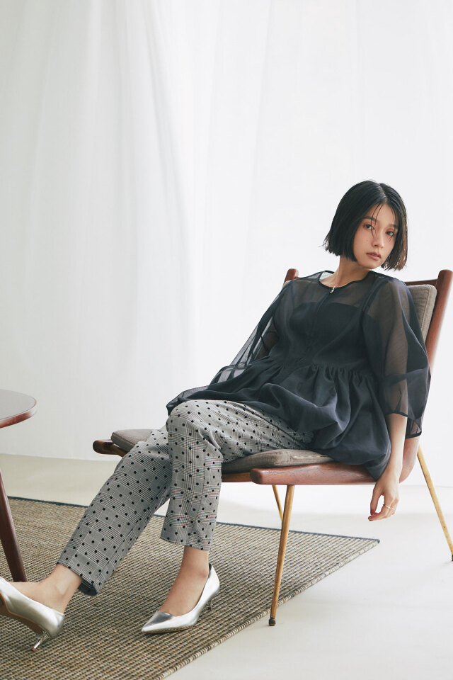 フロッキードットグレンチェックテーパードパンツ