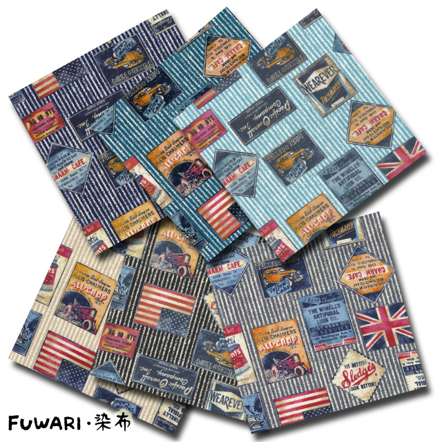 FUWARI・染布 シリーズ 1m単位切り売り オックス プリント デニム調 ヒッコリー ワッペン 6色あります 生地 布 布地 デニム柄 デニム風 ヒッコリーストライプ ストライプ ...