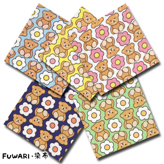 FUWARI・染布 シリーズ 1m単位切り売り オックス プリント クマさんとお花ちゃん 5色あります 生地 布 布地 コットン 花 花柄 くま くま柄 クマ 熊 デイジー 柄 ハンドメイド ...