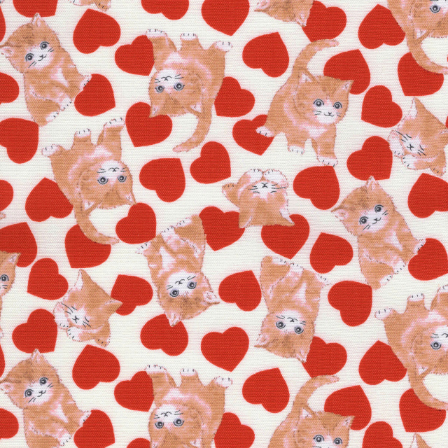 FUWARI・染布 シリーズ 1m単位切り売り 二重ガーゼ ダブルガーゼ 猫とハート アイボリー系地×レッド系ハート 猫 猫柄 ねこ ねこ柄 ネコ ネコ柄 ハート ハート柄