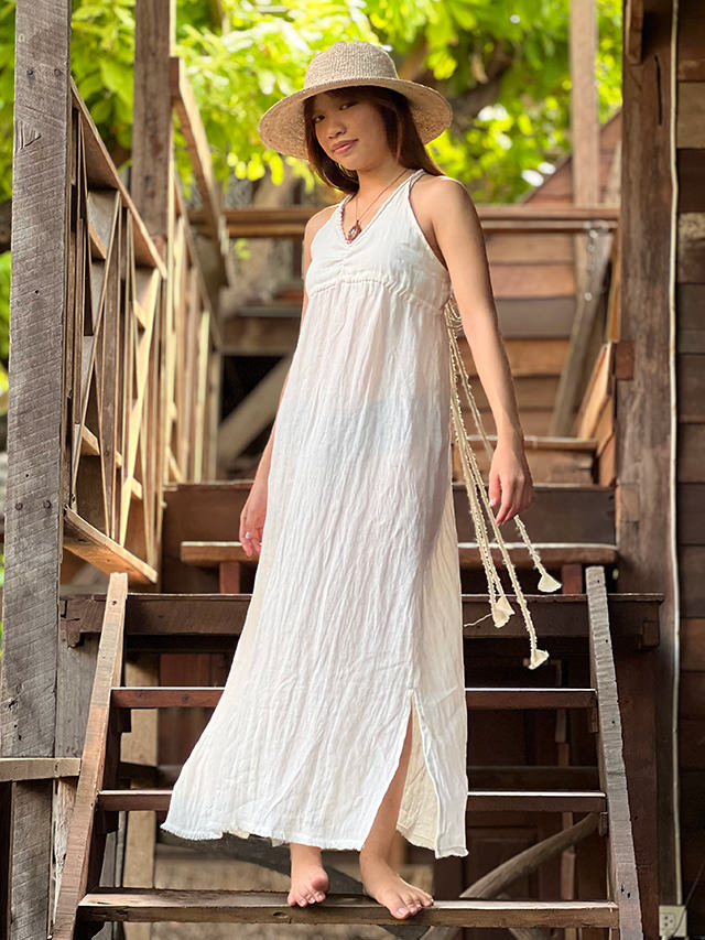asana HEMP100% ガーゼ 切り替え ロング ワンピース・きなり【パヤカ オンラインショップ】