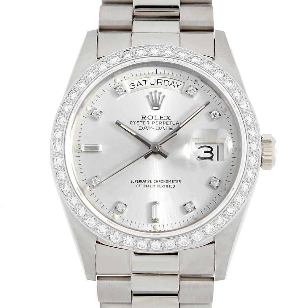 18049A シルバー ROLEX（ロレックス）デイデイト 8Pダイヤ/2Pバゲットダイヤ 中古 | 東京・大阪の高級ブランド時計の販売・通販ならGINZA RASIN - U-18049ASV