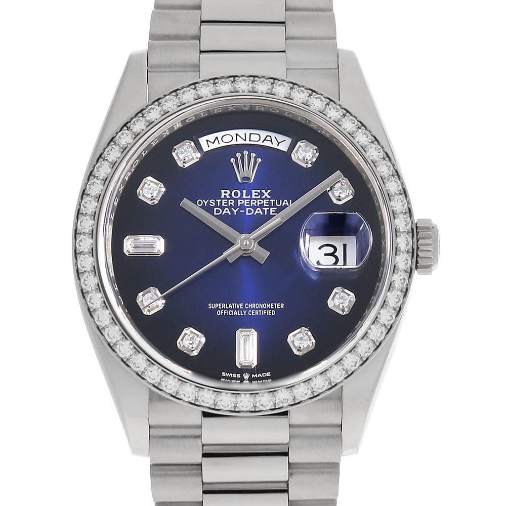 128349RBR ブルー ROLEX（ロレックス）デイデイト36 ベゼルダイヤ 8Pダイヤ 2Pバゲットダイヤ 中古 | 東京・大阪の高級 ...