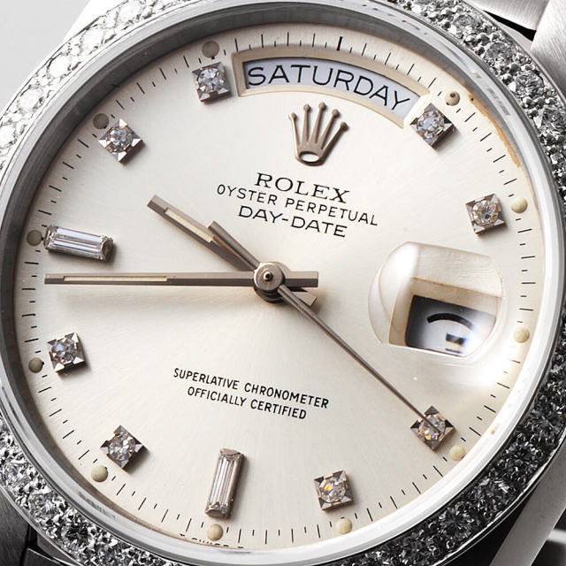 18049A シルバー ROLEX（ロレックス）デイデイト 8Pダイヤ/2Pバゲットダイヤ 中古 | 東京・大阪の高級ブランド時計の販売・通販ならGINZA RASIN - U-18049ASV