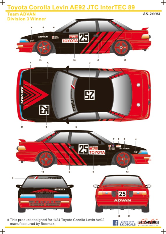 SK Decal 1/24 トヨタ カローラ レビン AE92 JTC インターテック 1989 No.25 フルスポンサーデカール ...