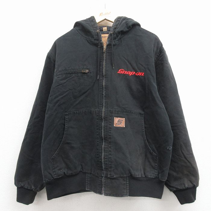 古着通販 XL★古着 長袖 ジャケット パーカー メンズ スナップオン ダック地 コットン 黒 内側キルティング
