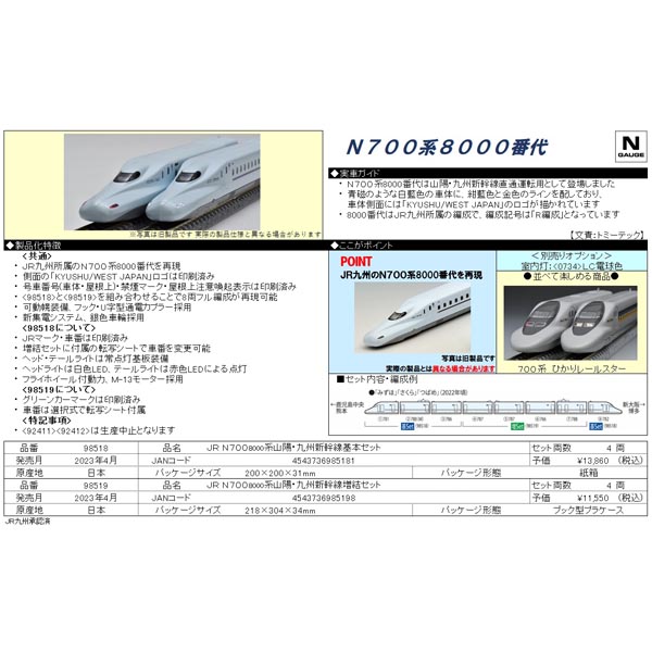 TOMIX 98518/98519 N700系8000番代 山陽・九州新幹線 4両 基本/増結 各セット ※4月再生産予定予約品 ...