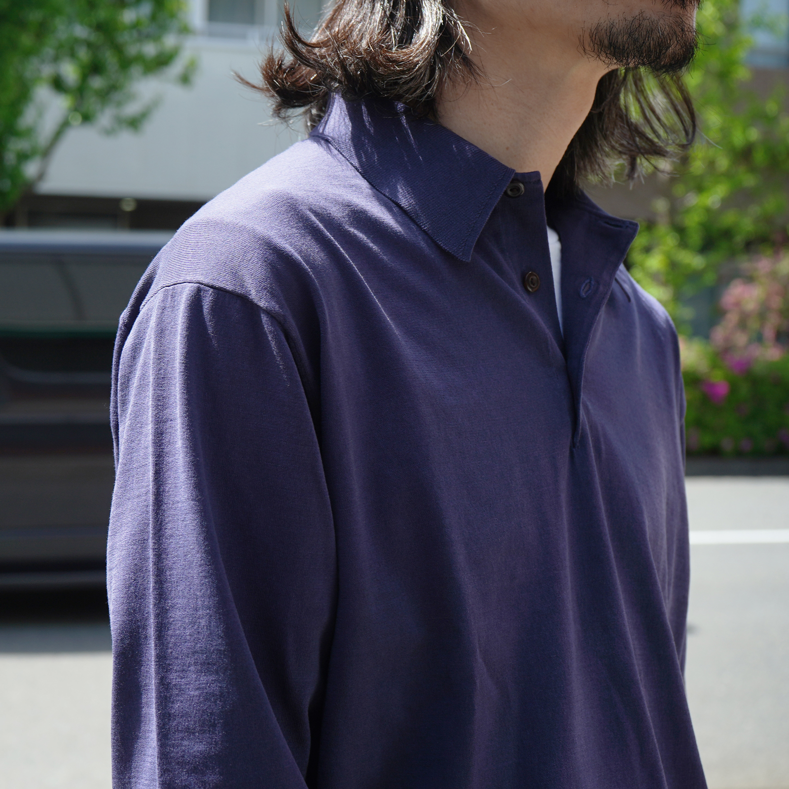 COMOLI 18G 長袖ニットポロ FADE NAVY