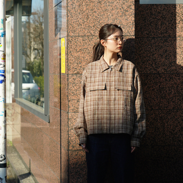 AURALEE LINEN SILK CHECK ZIP BLOUSON BROWN CHECK