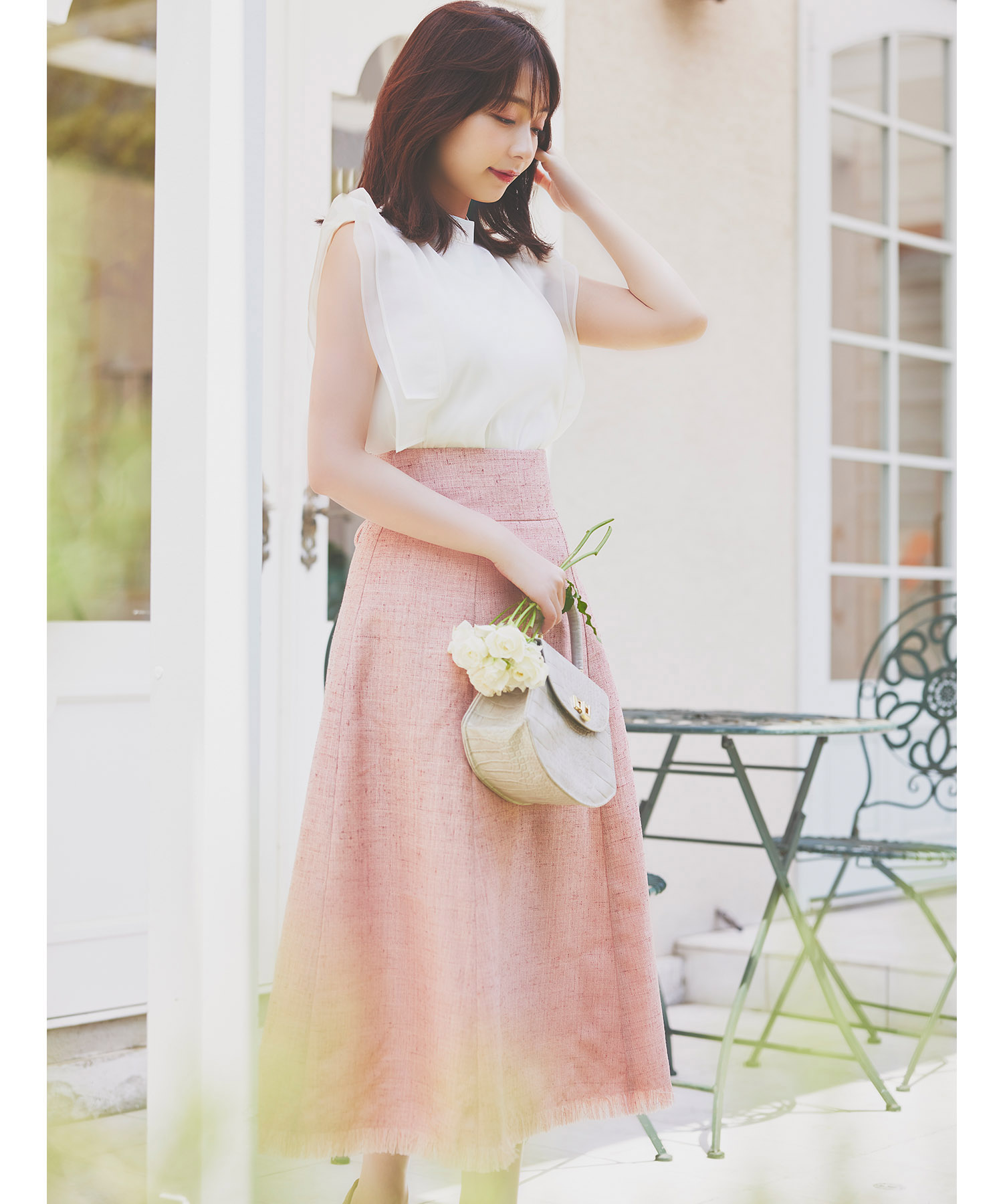 バックレースアップ裾フリンジサマーツイードフレアスカート